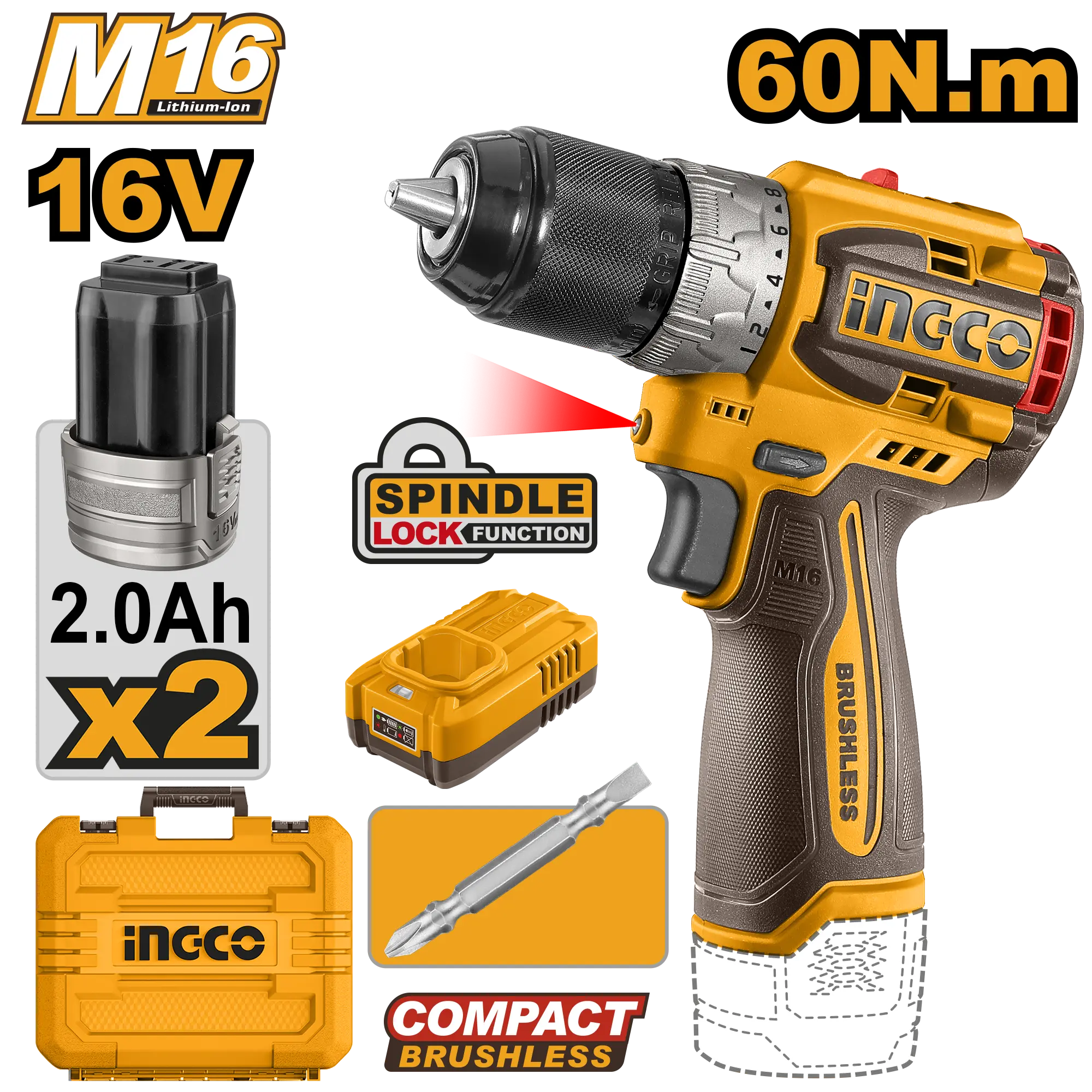 TALADRO INALAMBRICO 1/2"" BL 16V 60N.M + 2 BAT 2.0AH + CARG + MALETA ...