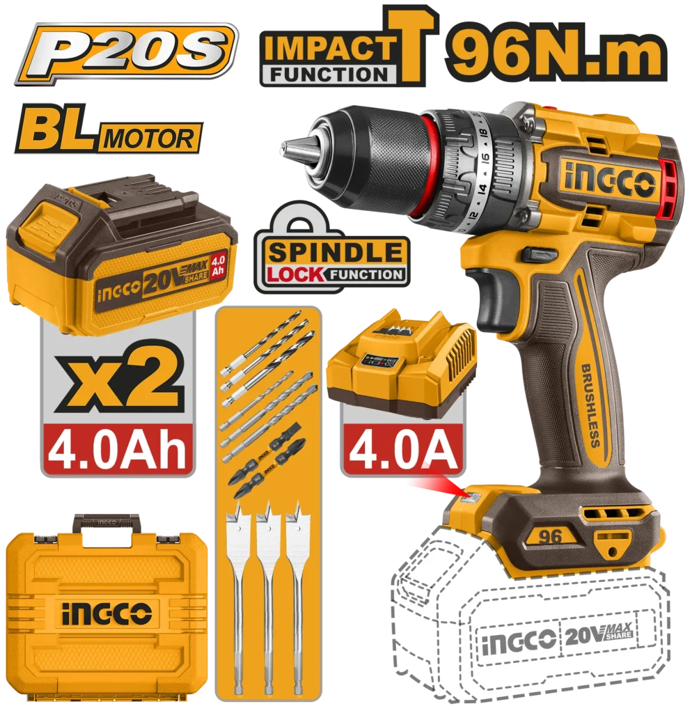 TALADRO DE IMPACTO 1/2" BL 20V 96N.M + 2 BAT 4.0AH + CARG + MALETA ...
