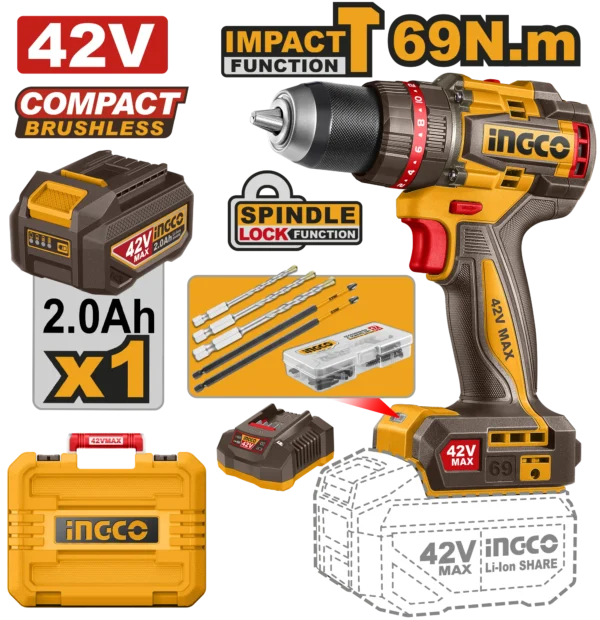 TALADRO DE IMPACTO 1/2″ BL 42V 69N.M + 1 BAT 2.0AH + CARG + MALETA ...